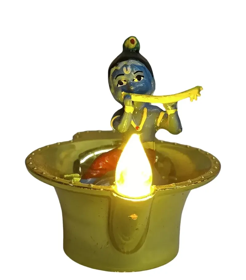 Golden Diya With Flute Krishna - Bavaani Store